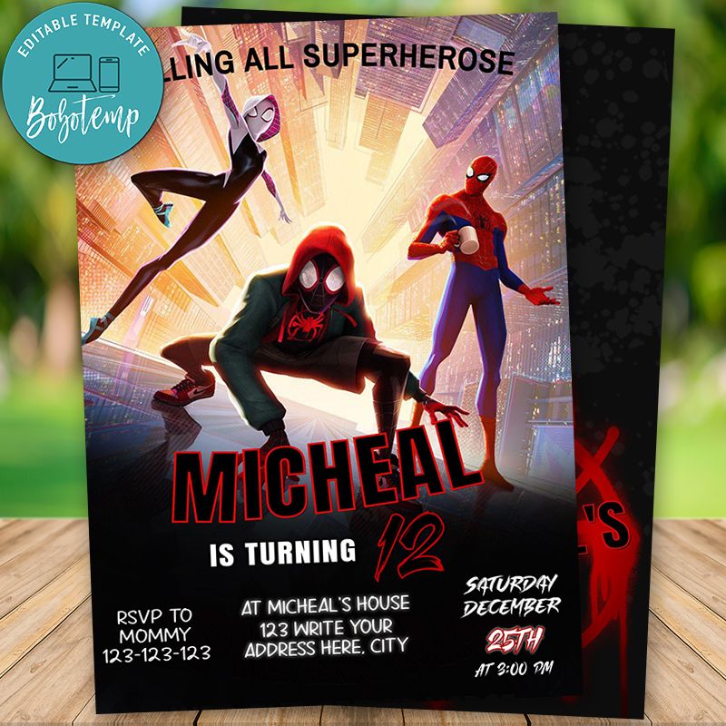 Editable Spider-Man Into The Spider-Verse Invitation DIY | Bobotemp