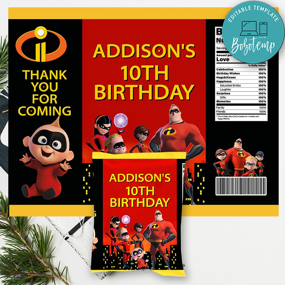 Incredibles 2 Birthday Chip Bag Digital File Printable DIY ...