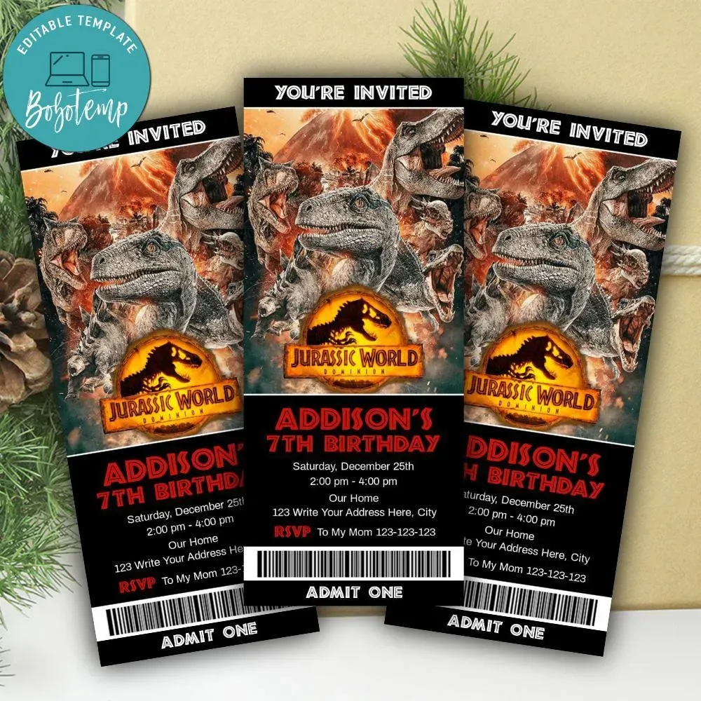 Jurassic World Dominion Movie Birthday Ticket Customizable | Bobotemp