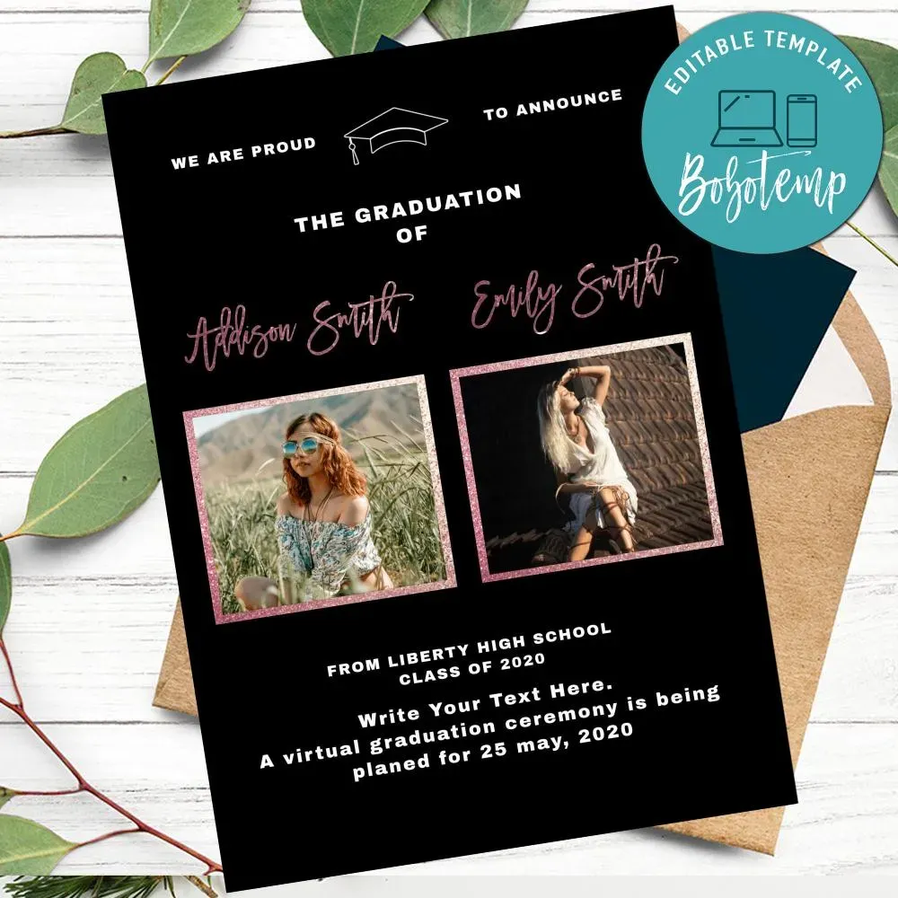Twin Graduation Announcement Invitation Printable DIY | Bobotemp