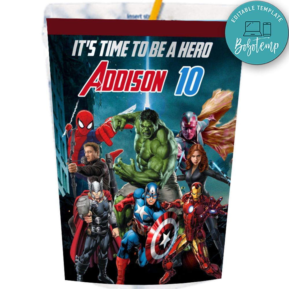 Avenger Marvel Capri Sun Birthday Labels Digital File | Sportspartydesign