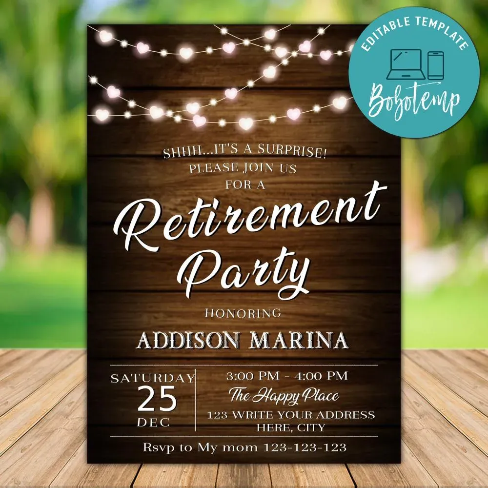 Printable Rustic Surprise Retirement Party Invitation DIY | Bobotemp