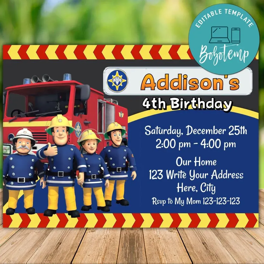Editable Fireman Sam Birthday Invitation Instant Download | Bobotemp
