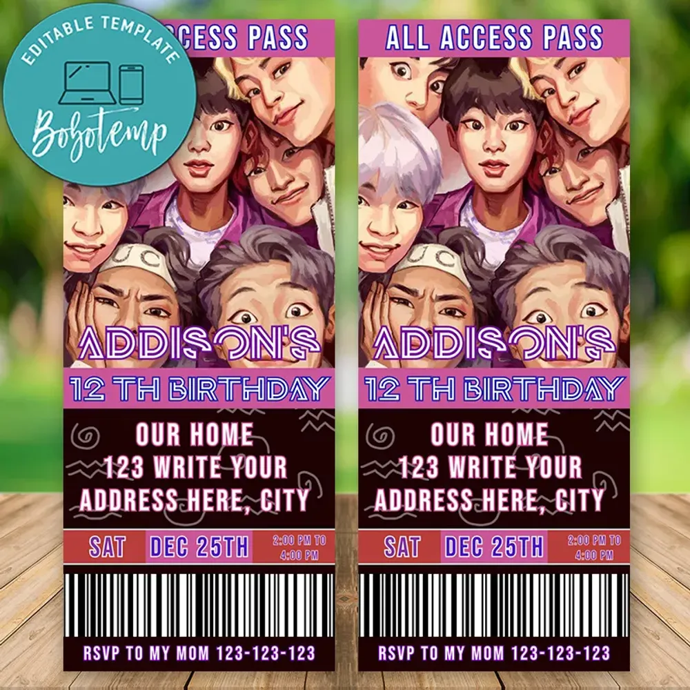 Editable Bangtan boys Ticket Birthday Invitation Instant Download ...