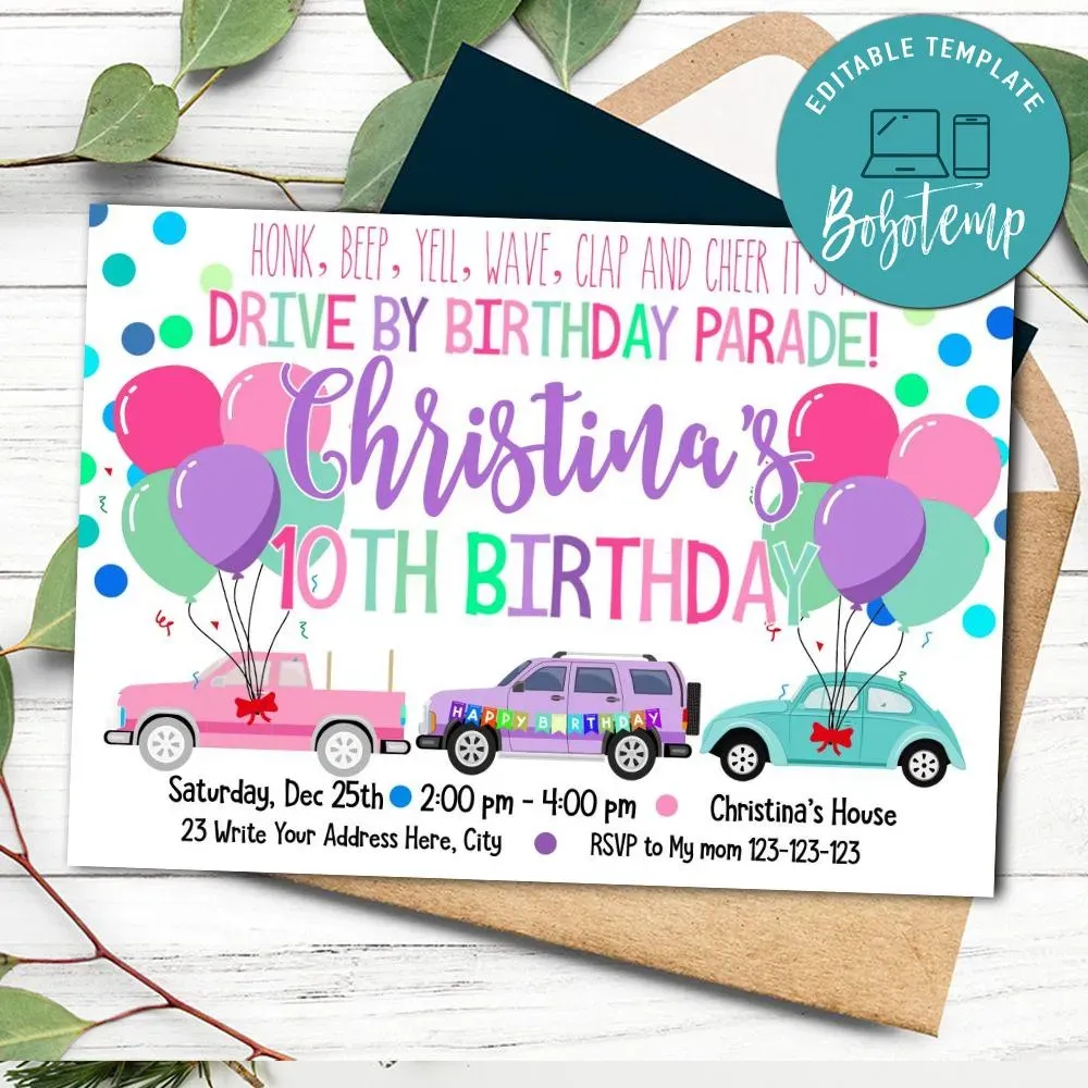 Printable Pink Car Parade Birthday Flyer Instant Download | Bobotemp