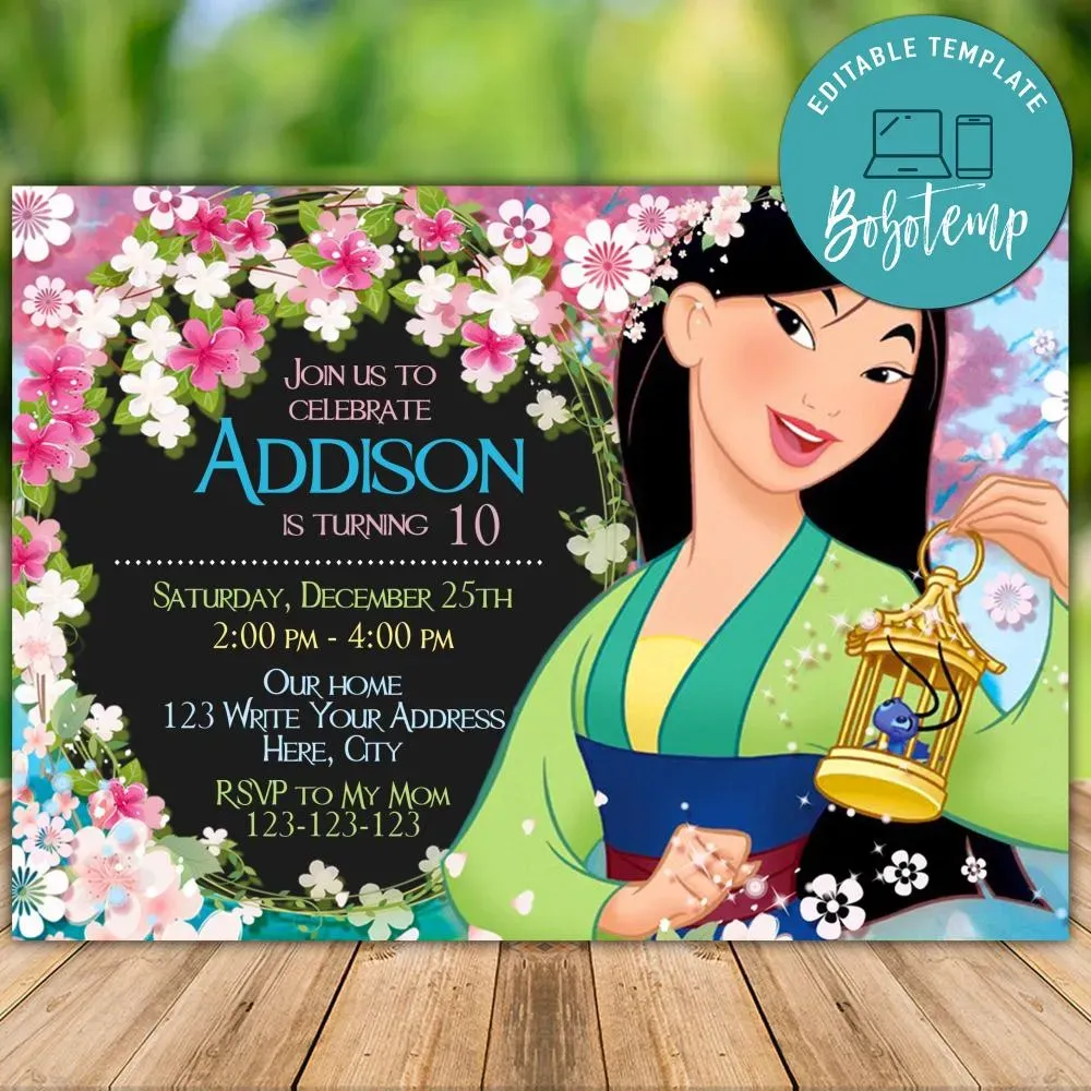 Editable Princess Mulan Birthday Flyer Instant Download | Bobotemp