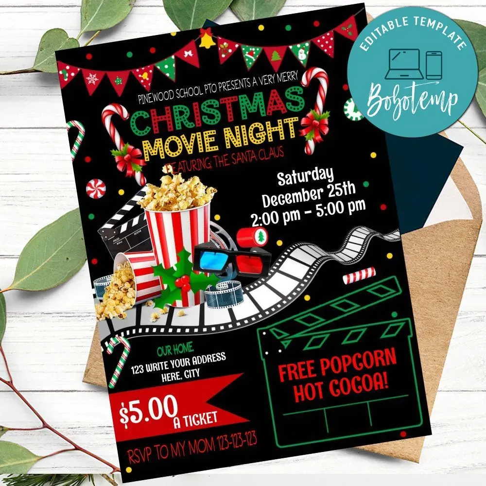Christmas Movie Night Flyer Invitation Customizable Template DIY | Bobotemp