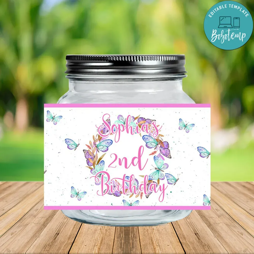 Butterfly Birthday Jar Bottle Label Template to Print at Home DIY | Sunmily