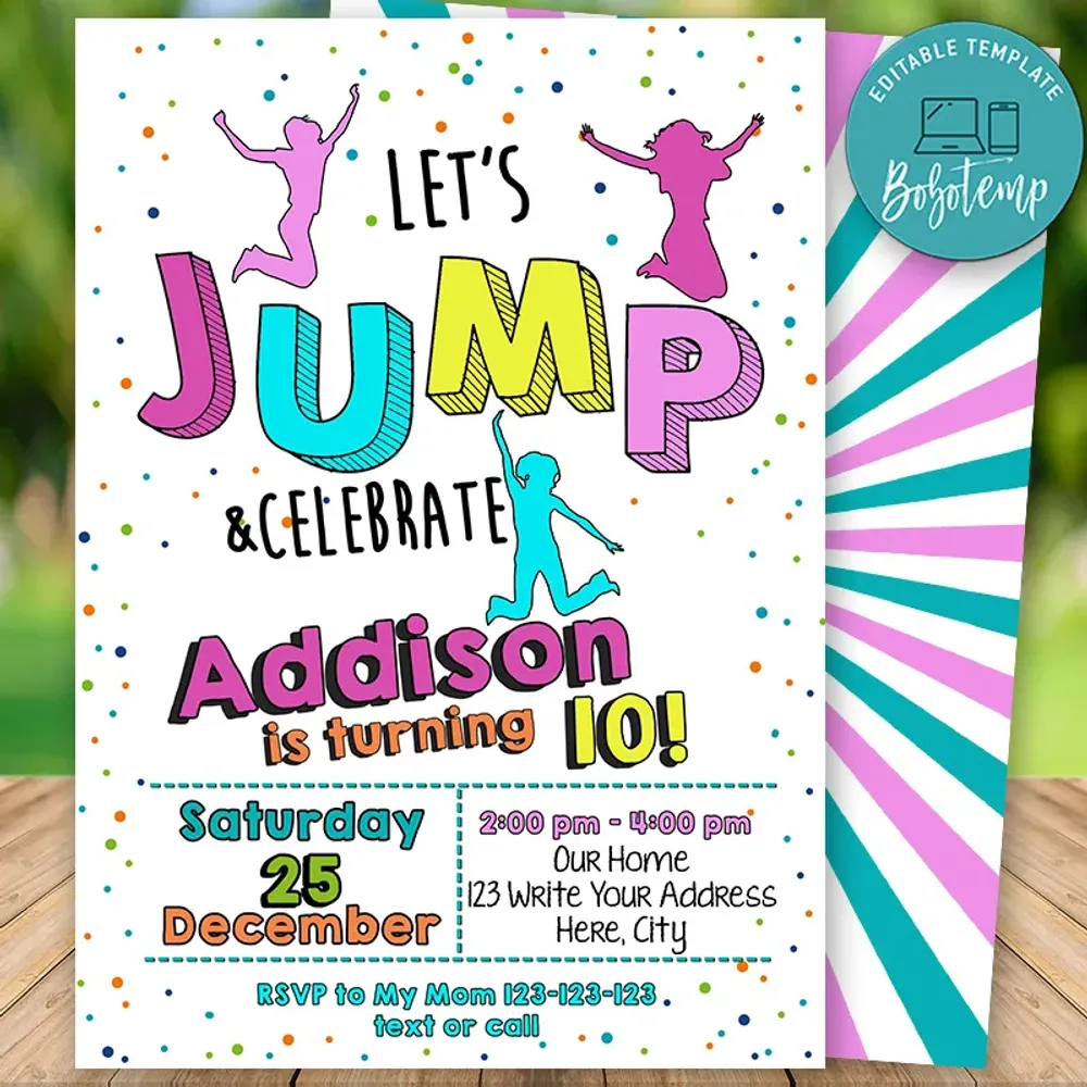 Editable Jump Trampoline Birthday Flyer for Girl DIY | Bobotemp