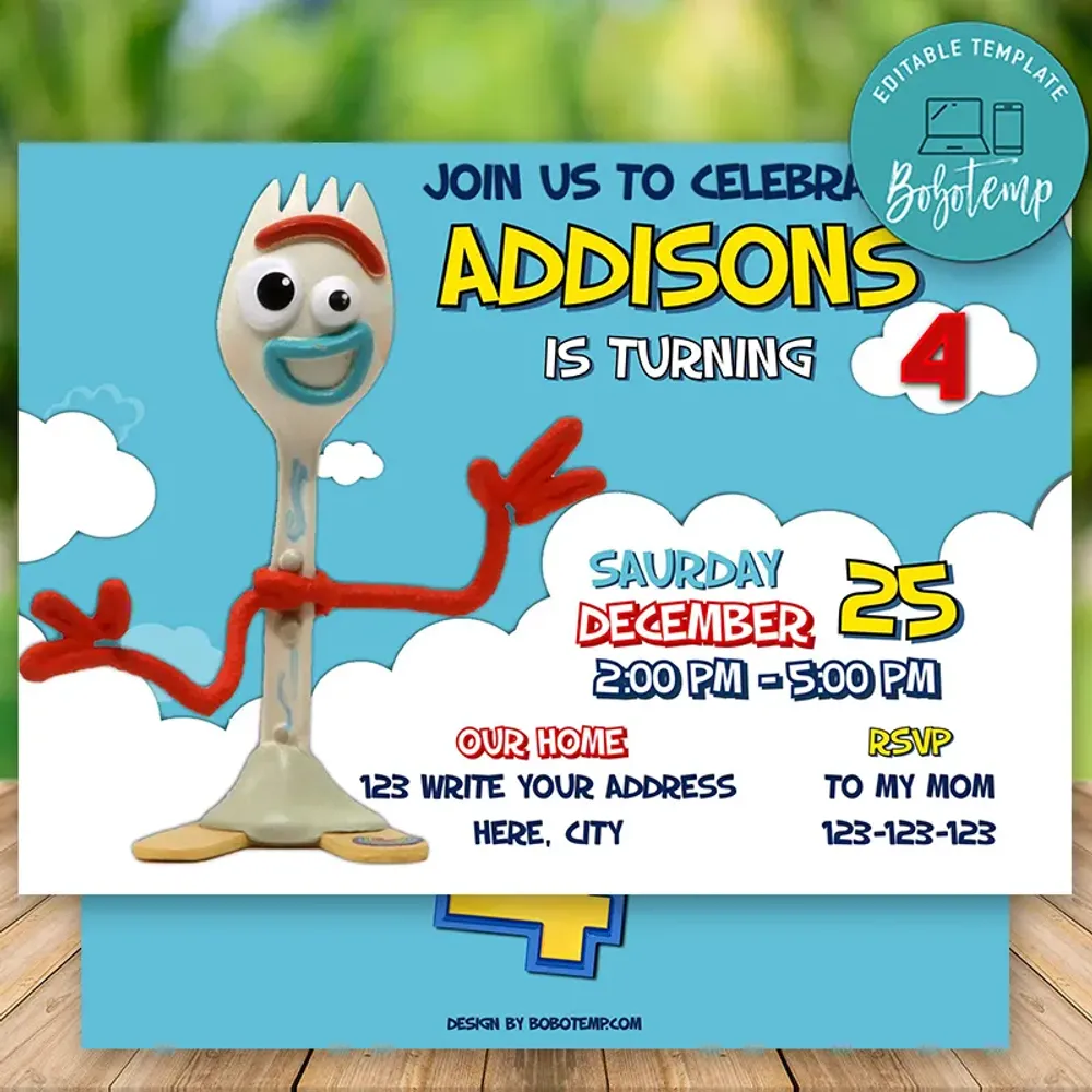 Editable Toy Story 4 Forky Birthday Invitation Instant Download | Bobotemp