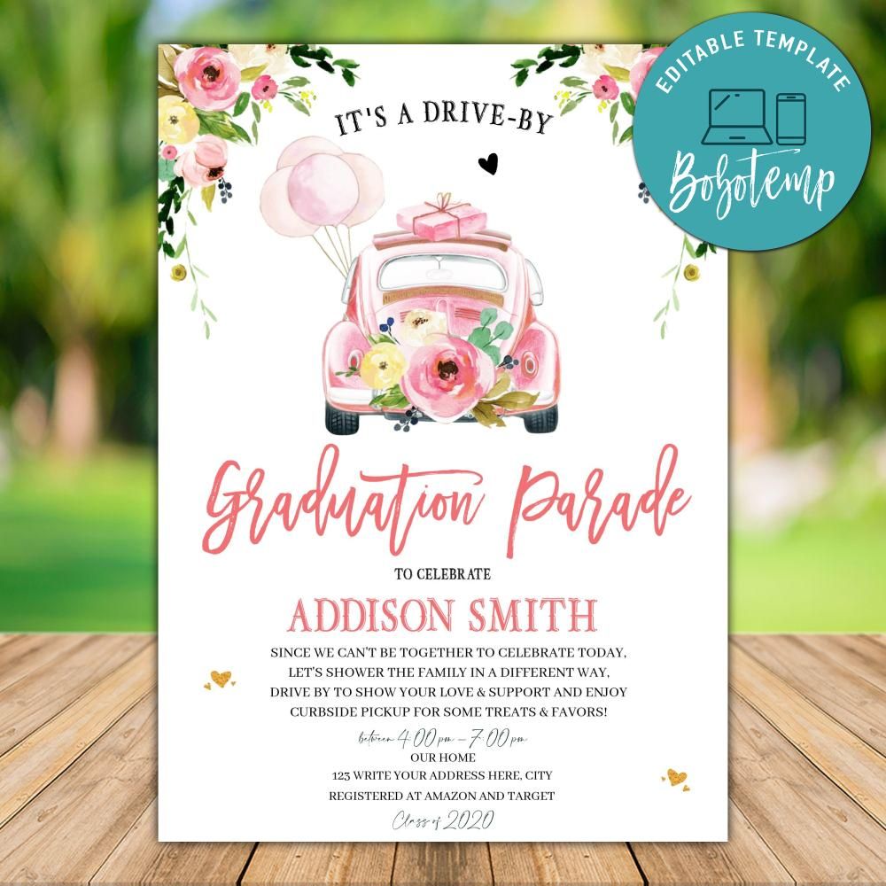 Printable Pink Drive By Graduation Invitation Instant Download | Bobotemp