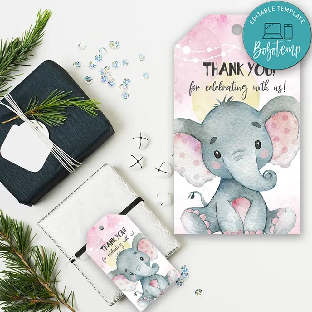Printable Girl Elephant Birthday Party Gift Tag Instant Download | Bobotemp
