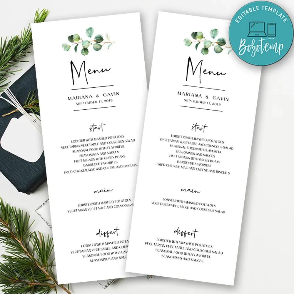 Reception Food Menu Card Template to print at home DIY | Sunmily