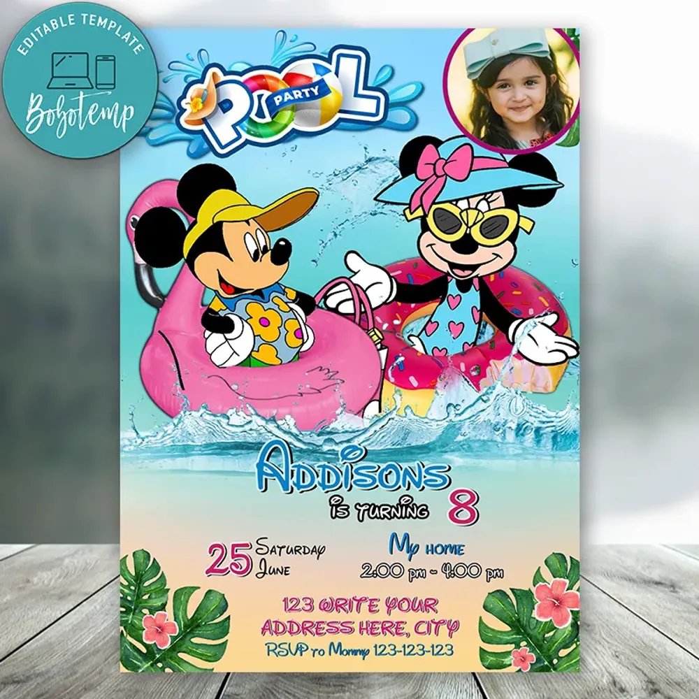 Personalized Mickey Minnie Mouse Pool Party With Photo Invitation ...
