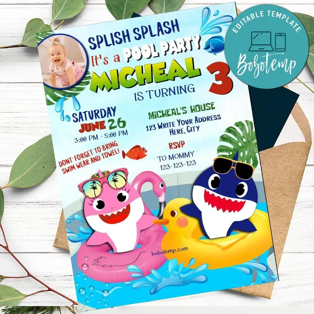 Editable Baby Shark Pool Party Invitation With Photo DIY | Bobotemp