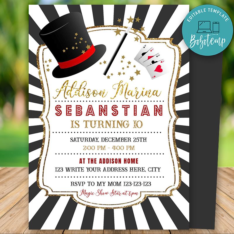 Editable Magic Birthday Party Invitations Instant Download | Bobotemp