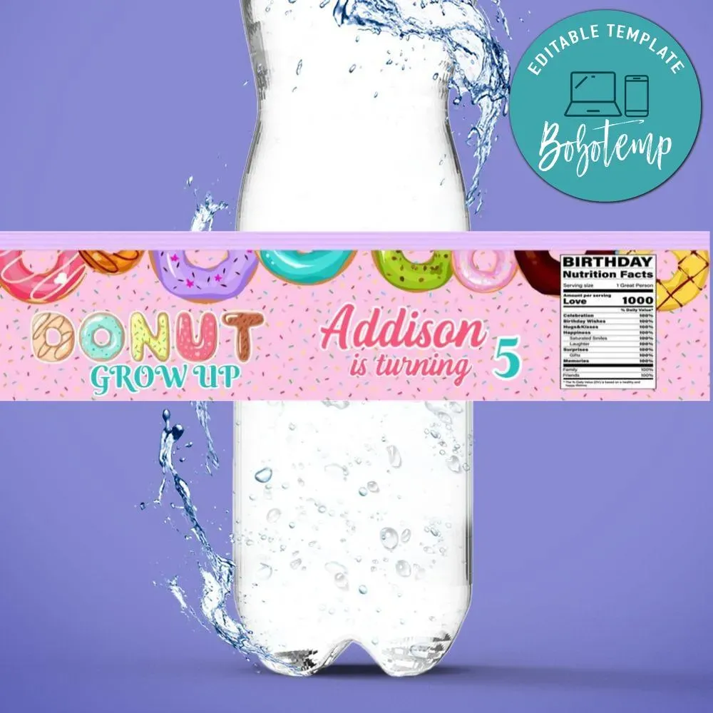 Donut Birthday Water Bottle Label Template to Print at Home | Bobotemp