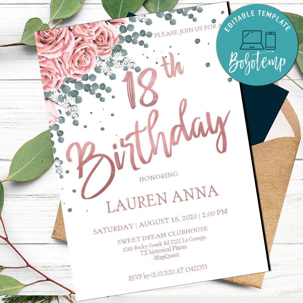 Editable Rose Gold 18th Birthday Invitations Instant Download 