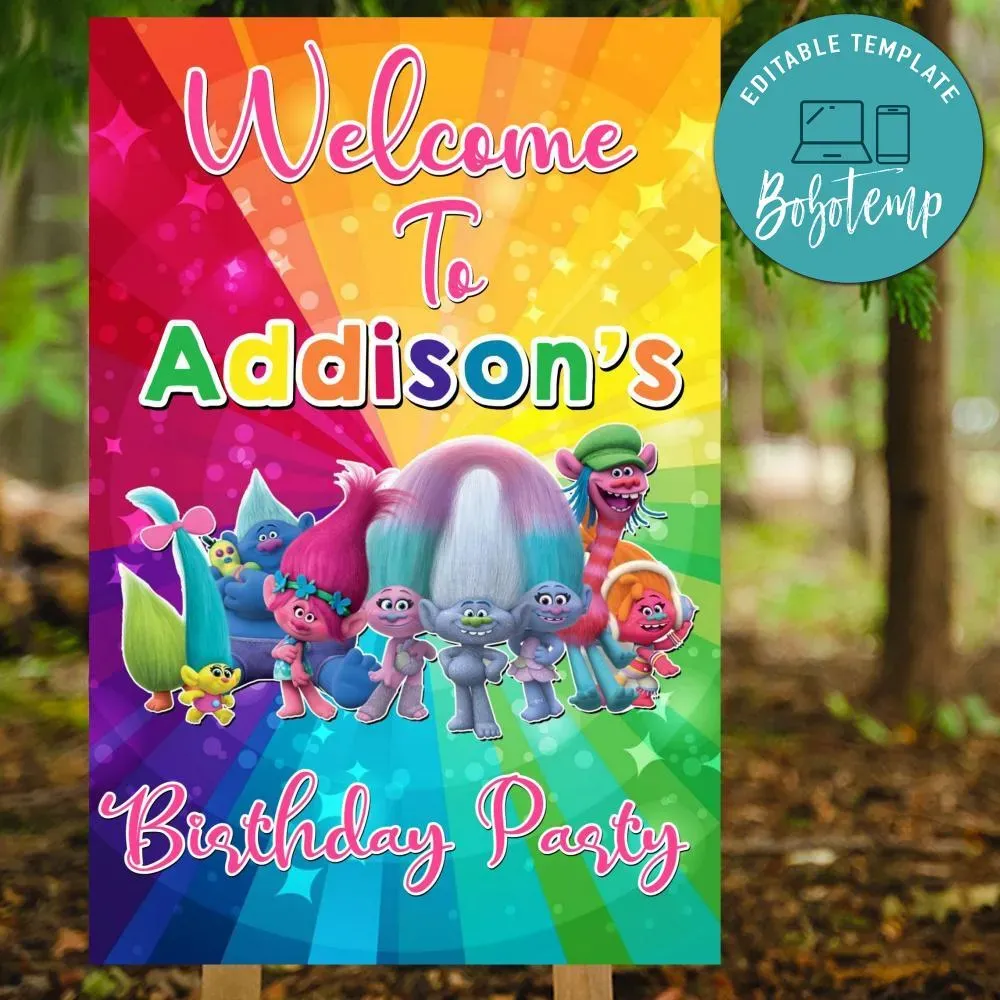 Trolls Birthday Welcome Sign Digital File Printable Instant Downl ...