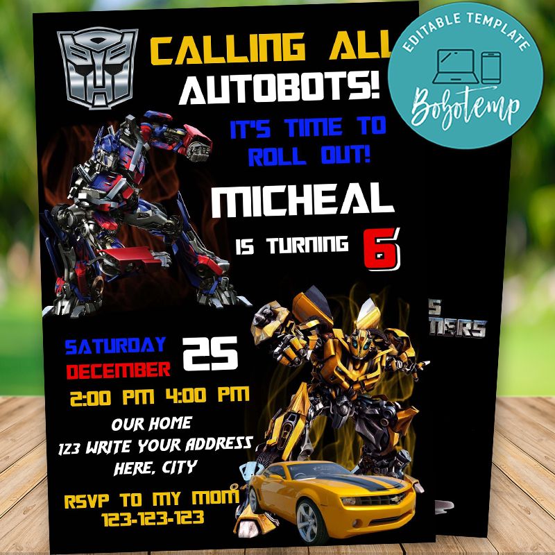 Editable Calling All Autobots Transformers Birthday Invitation Bobotemp