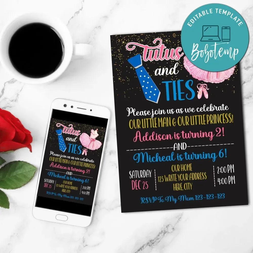 Tutu and Tie Twins Birthday Invitation Customizable Template DIY ...