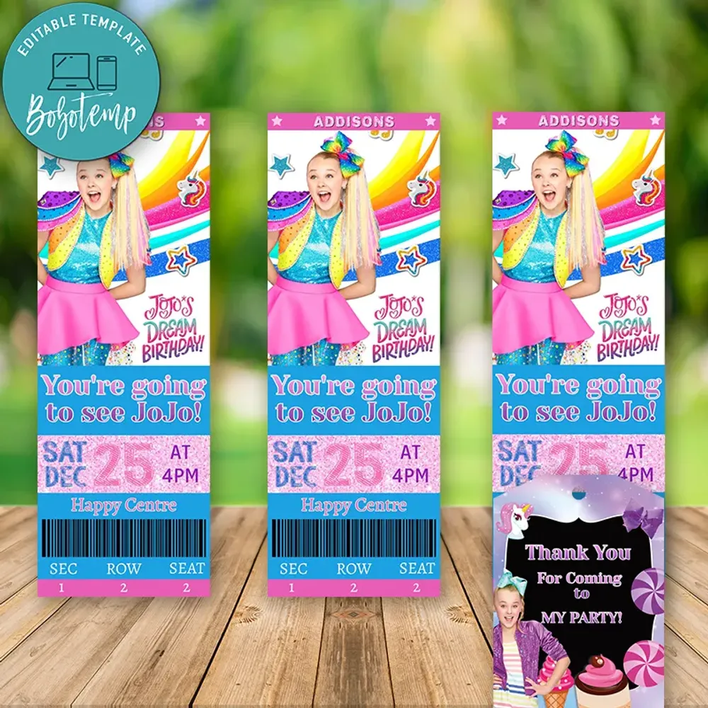 Editable JoJo Siwa TICKET INVITATION and Free Thank You Tag DIY | Bobotemp