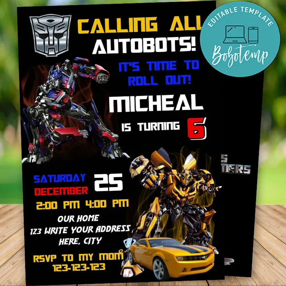 Editable Calling All Autobots Transformers Birthday Flyer | Bobotemp Shop