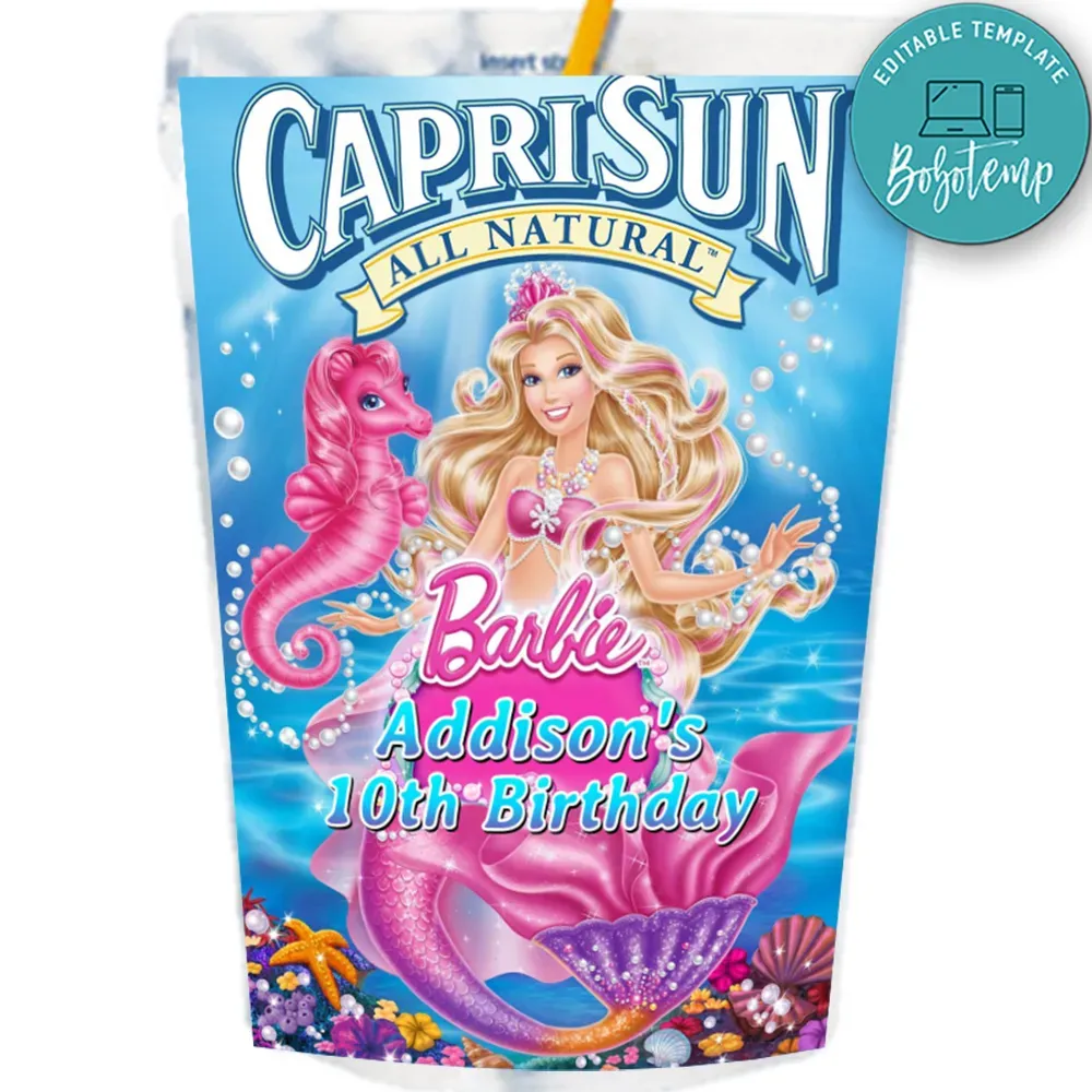 Barbie Mermaid Capri Sun Birthday Labels Digital File Printable | Bobotemp
