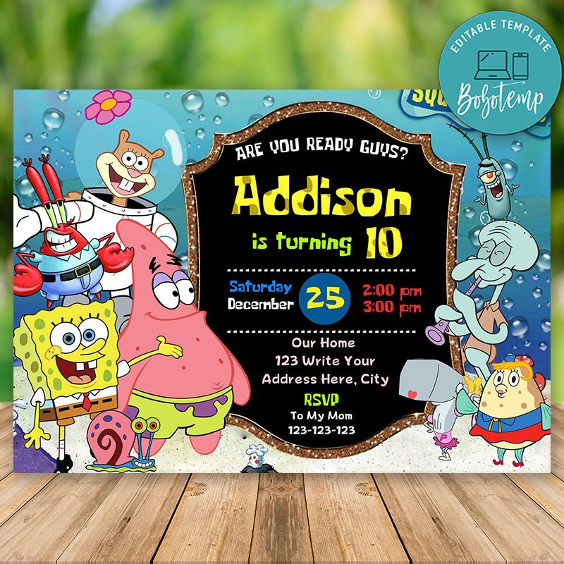 Invitaci n De Cumplea os De Bob Esponja Editables Instant Downlo 