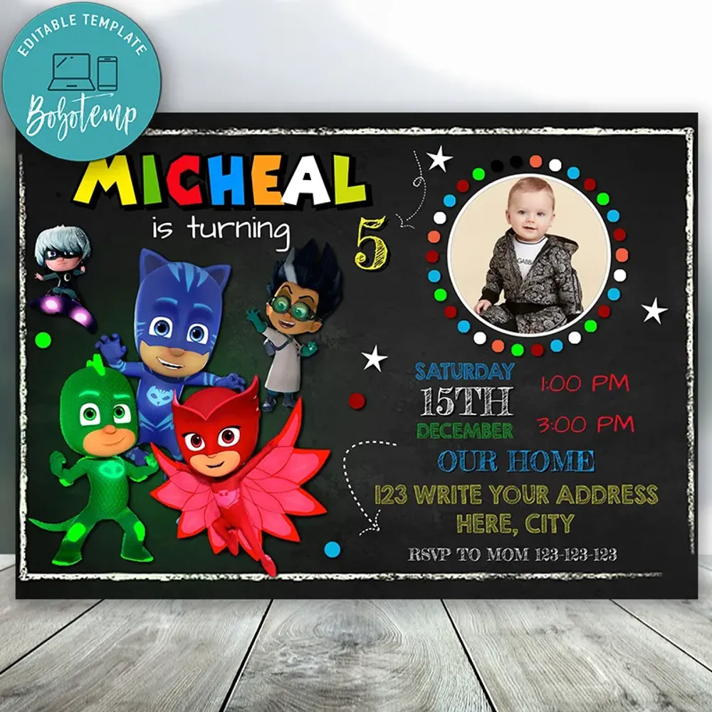 Editable Pj Masks With Photo Invitation Instant Download | Bobotemp