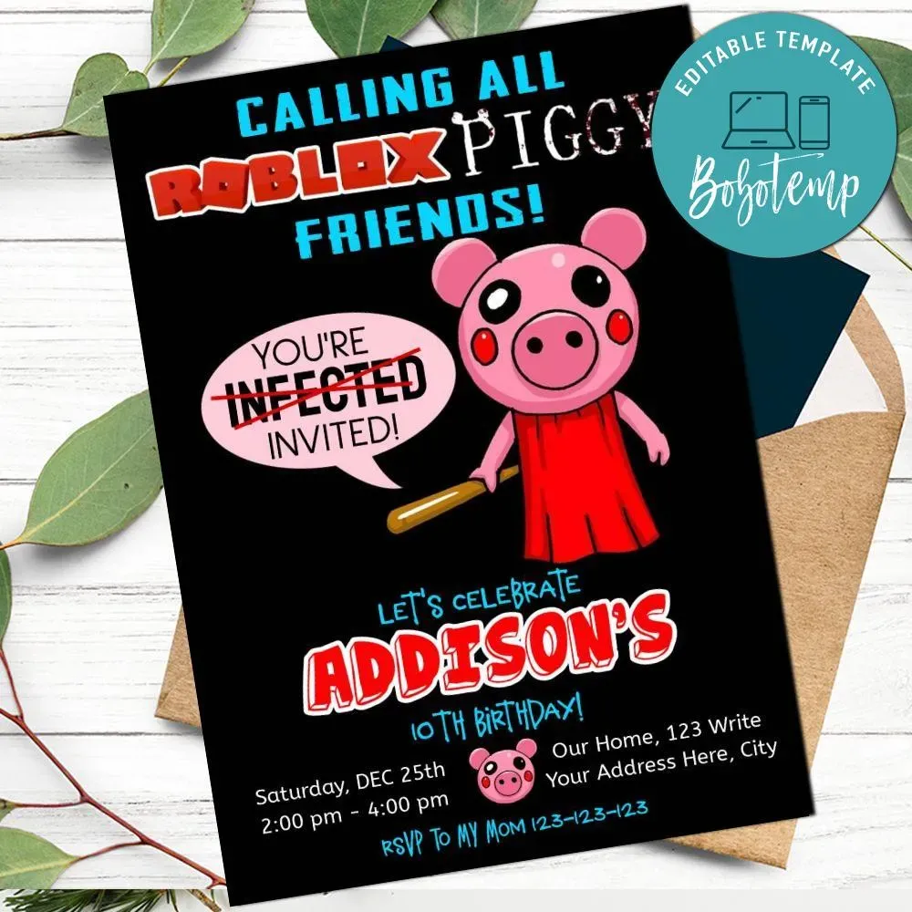 Piggy Roblox Game Birthday Flyer Template to print at home | Bobotemp
