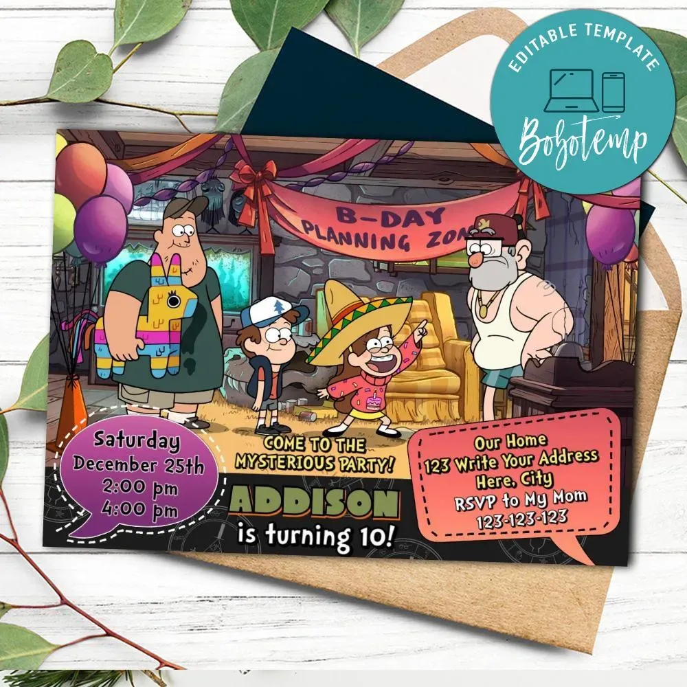 Gravity Falls Birthday Invitation Customizable Template DIY | Bobotemp