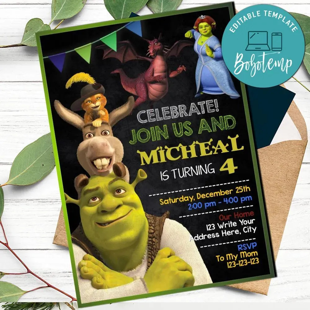 Editable Shrek Party Invitation and Free Thank You Card DIY | Bobotemp