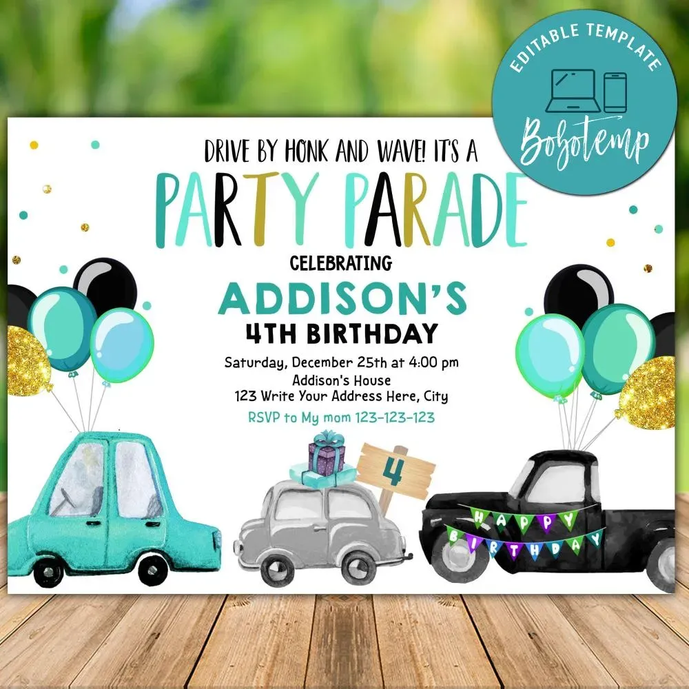 Printable Social Distancing Drive Through Parade Invitation DIY | Bobotemp