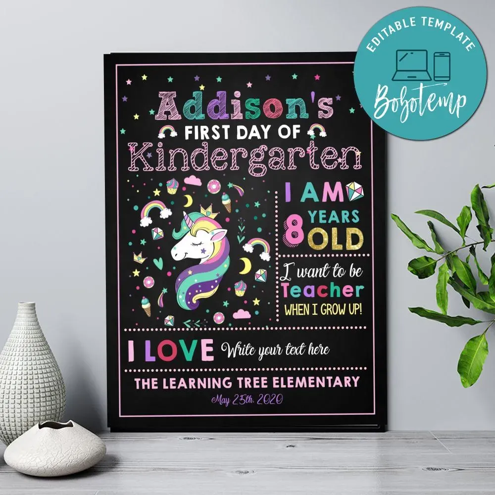 Unicorn First Day of Kindergarten Chalkboard Sign Printable | Bobotemp