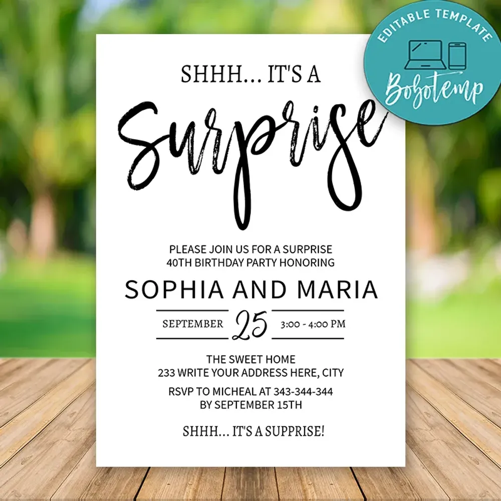 Editable SURPRISE Birthday Invitations for Woman or Man DIY | Bobotemp
