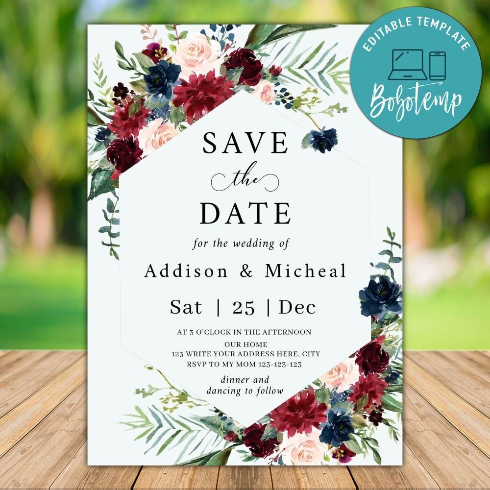 Printable Modern Burgundy Navy Blush Floral Save The Date Invites 