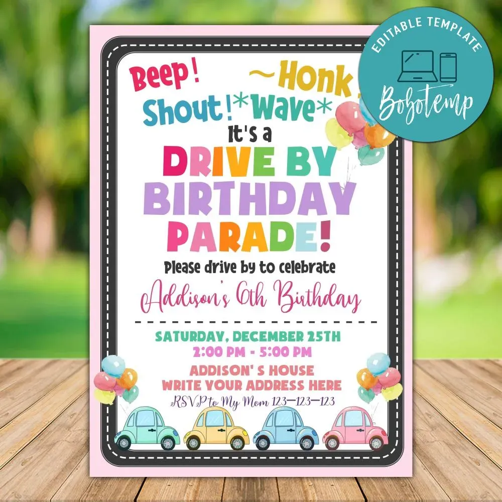 Printable Car Parade Pastels Birthday Flyer Instant Download | Bobotemp