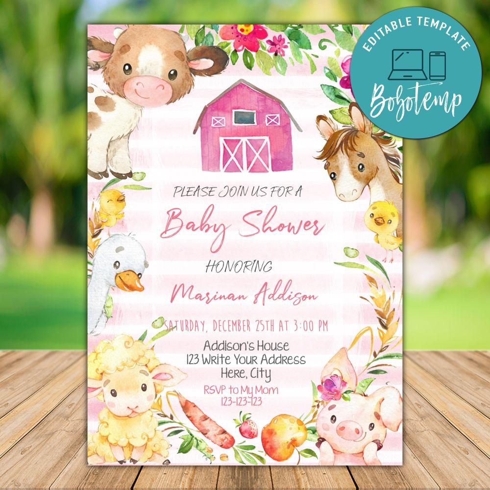 Printable Girl Barnyard Baby Shower Invitation Template DIY | Bobotemp