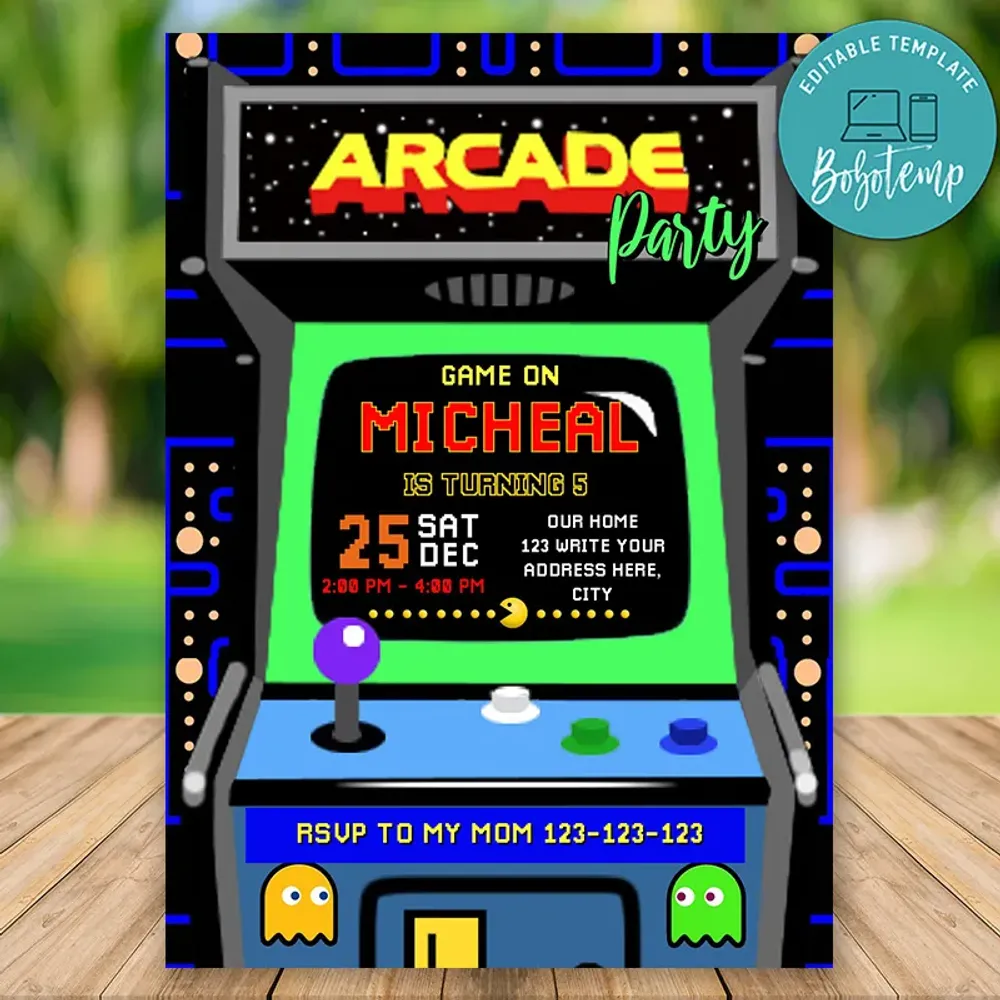 Editable Retro Arcade Birthday Invitation Instant Download | Bobotemp