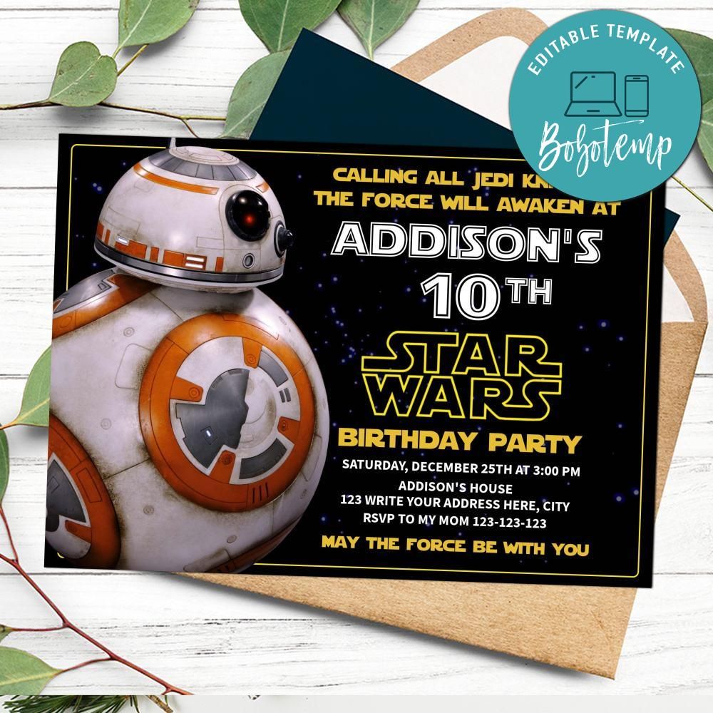 Editable BB8 Star Wars Birthday Invitation Instant Download | Bobotemp