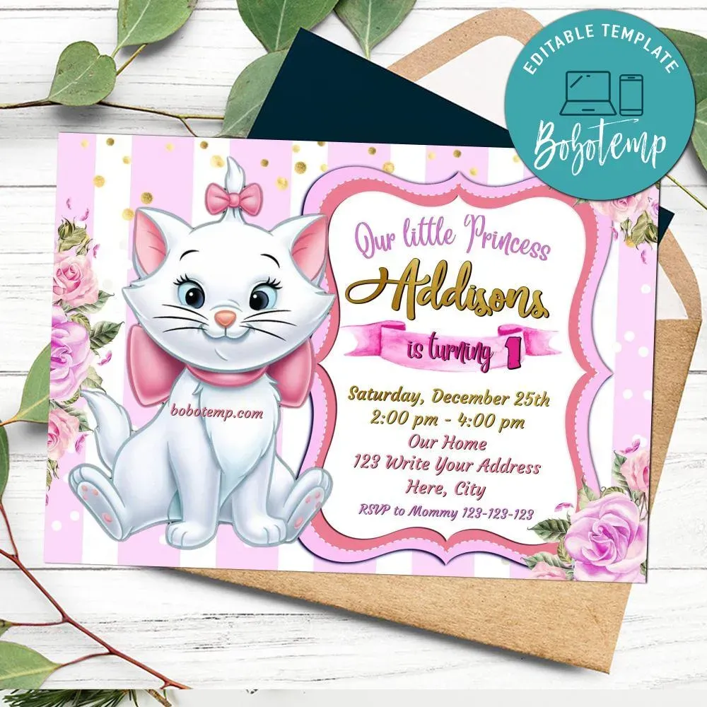 Editable Aristocats Marie Invitation and Free Thank You Card DIY | Bobotemp