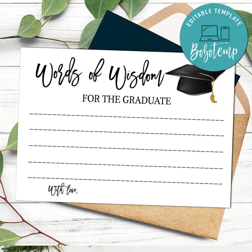 Words of wisdom Graduation Party Game Card Template DIY | Bobotemp
