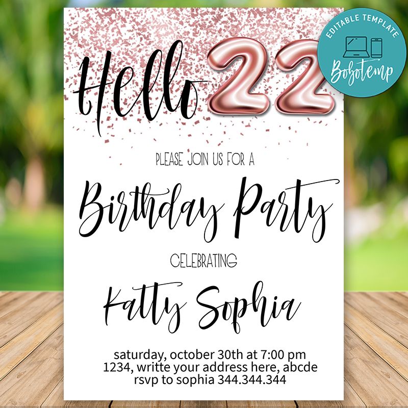 Editable Glitter Confetti 22nd Birthday Invitation DIY Bobotemp