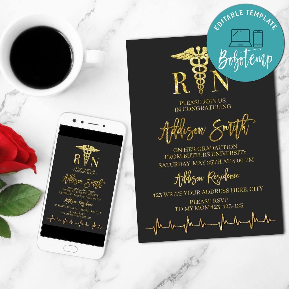Printable Gold & Black Registered Nurse Invitation DIY | Bobotemp