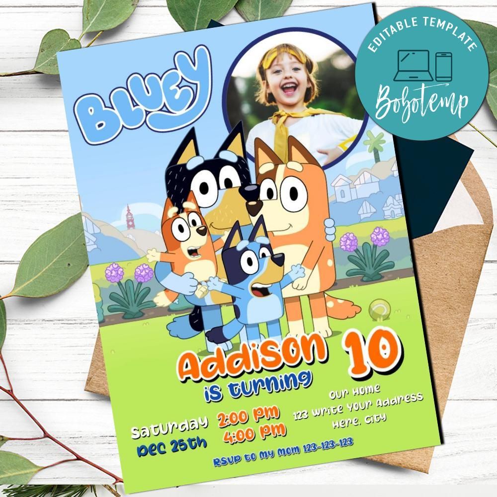 Printable Bluey Birthday Invitation With Photo Instant Download Bobotemp