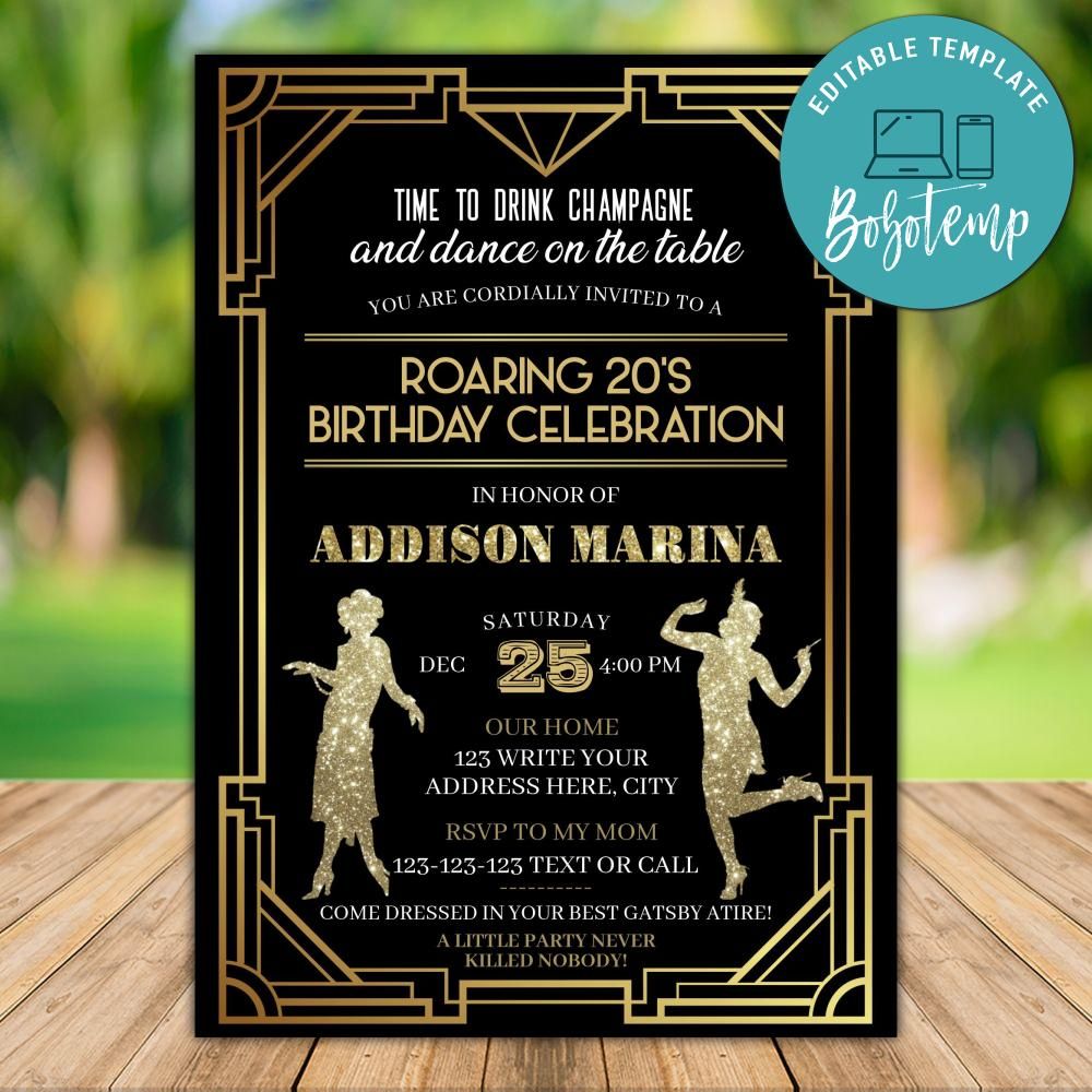 Editable Roaring 20 s Birthday Invitation Instant Download 