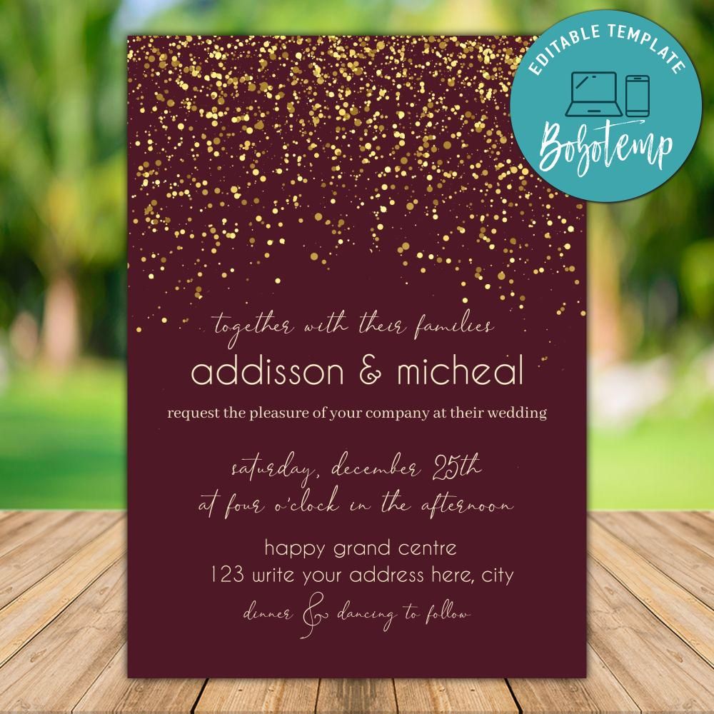Printable Maroon Gold Wedding Invitation Instant Download | Bobotemp