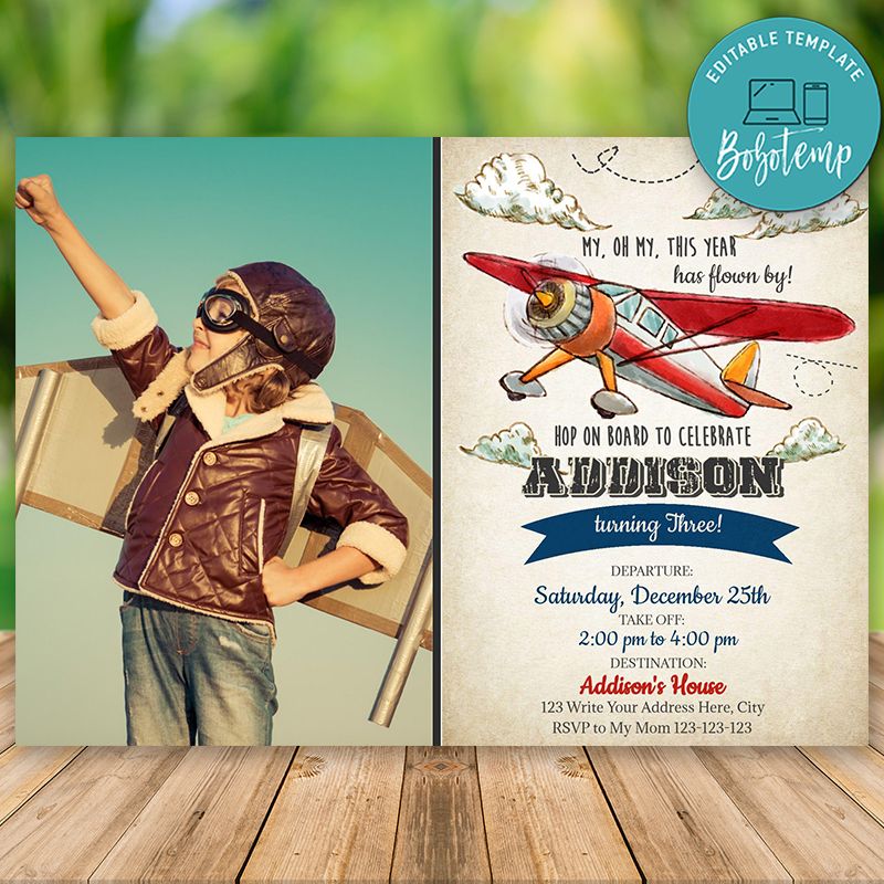 Editable Pilot Birthday Invitation With Photo Instant Download | Bobotemp