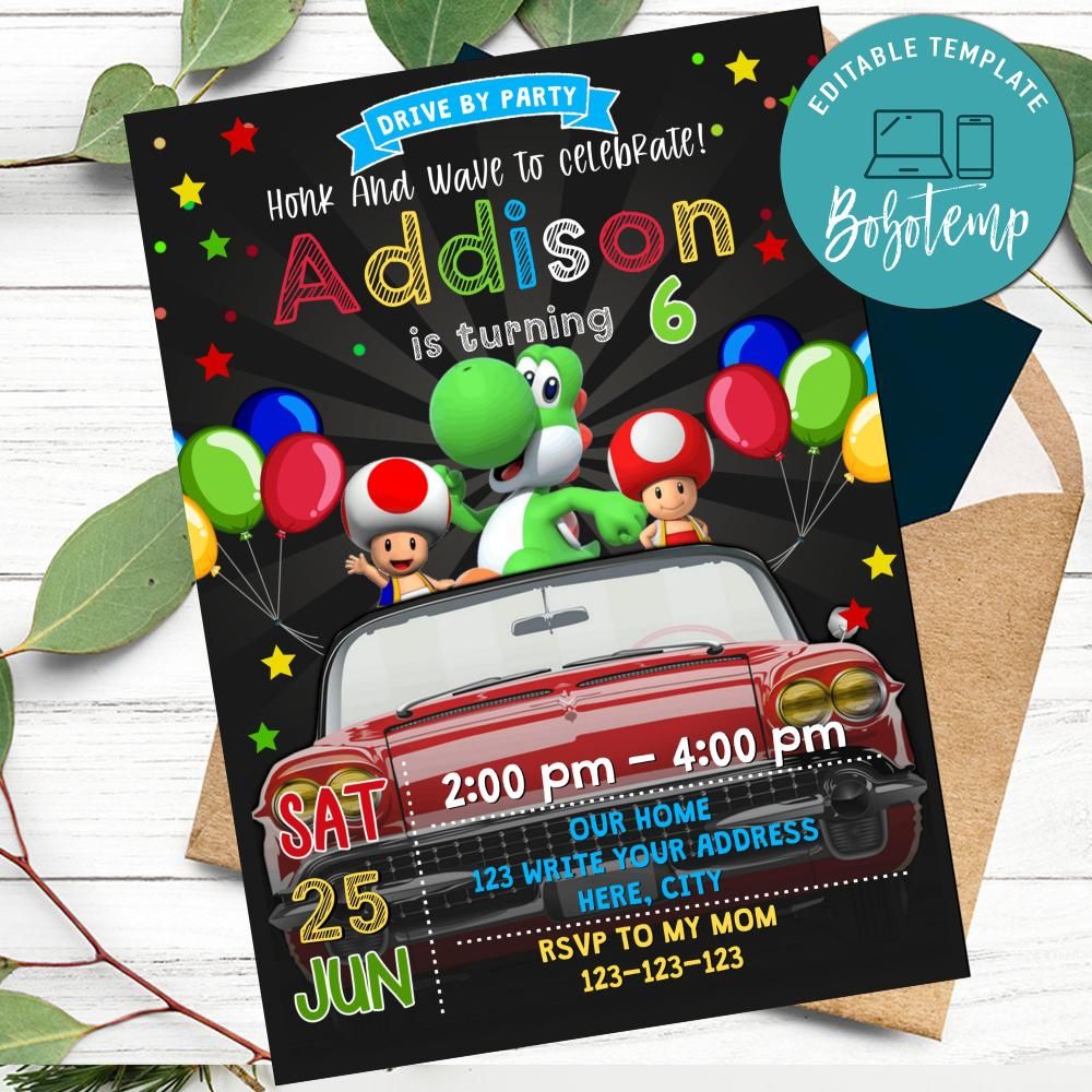 Super Mario Yoshi Drive By Birthday Parade Invitation | Sportspartydesign